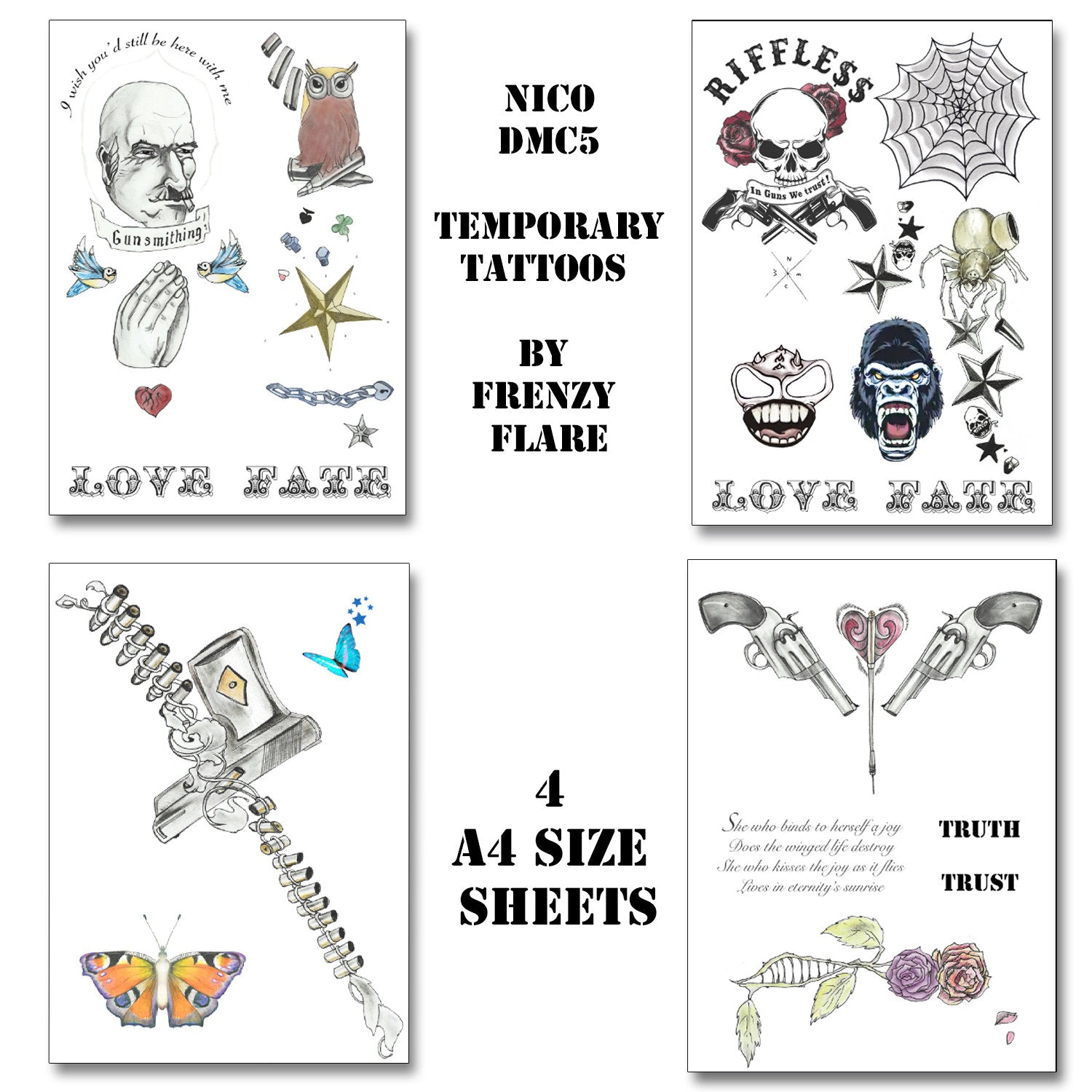 Nico Devil May Cry 5 Temporary Tattoos for Cosplayers. 4 sheets with A ...
