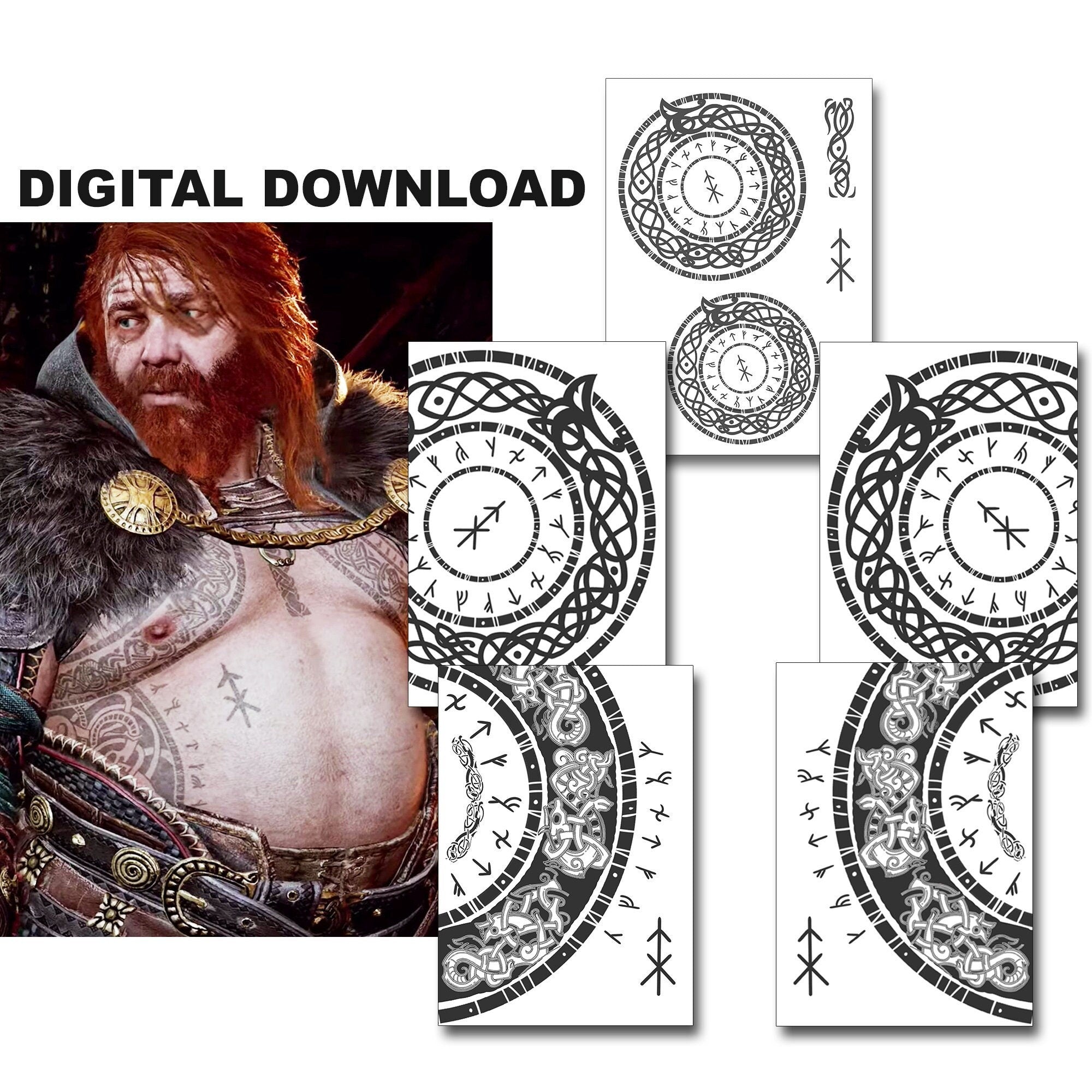 Digital Download Thor GOW Tattoo Designs. Face Runes, Chest and Stomac ...